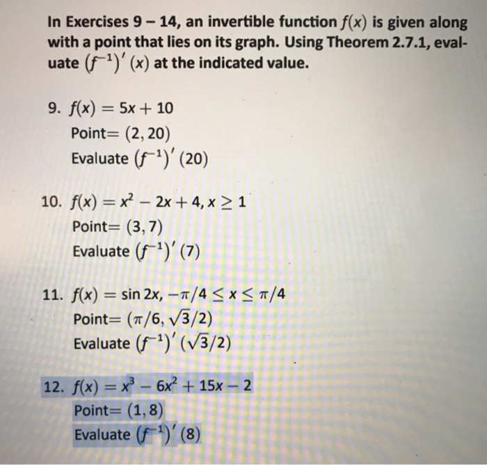 Solved In Exercises 9-14, an invertible function f(x) is | Chegg.com
