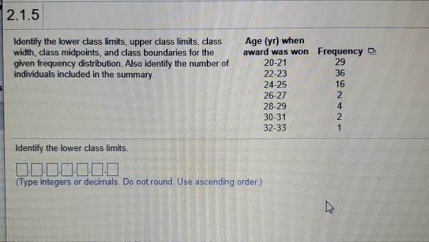 Solved 2.1.5 Identify the lower class limits, upper class | Chegg.com