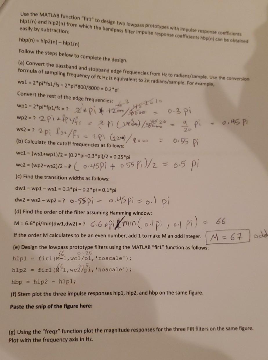 Solved 1. Hamming Window Based Bandpass FIR Filter Design | Chegg.com