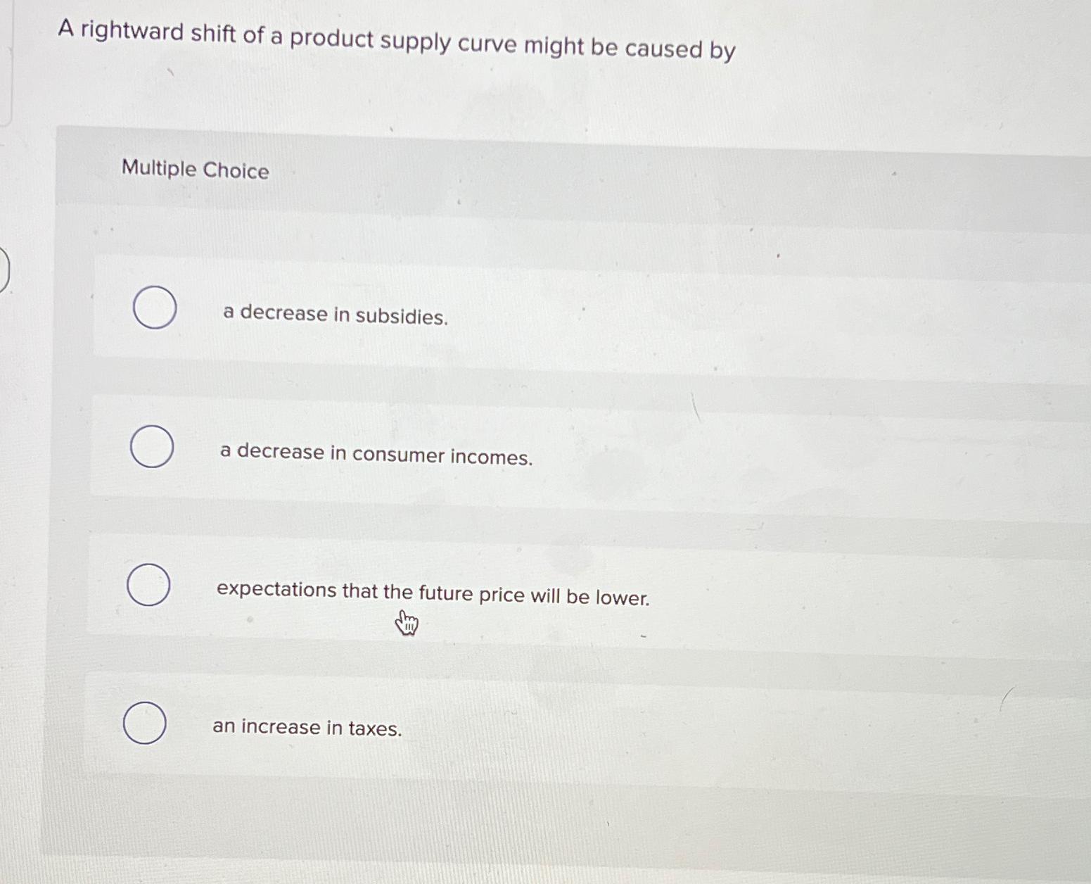 Solved A rightward shift of a product supply curve might be | Chegg.com