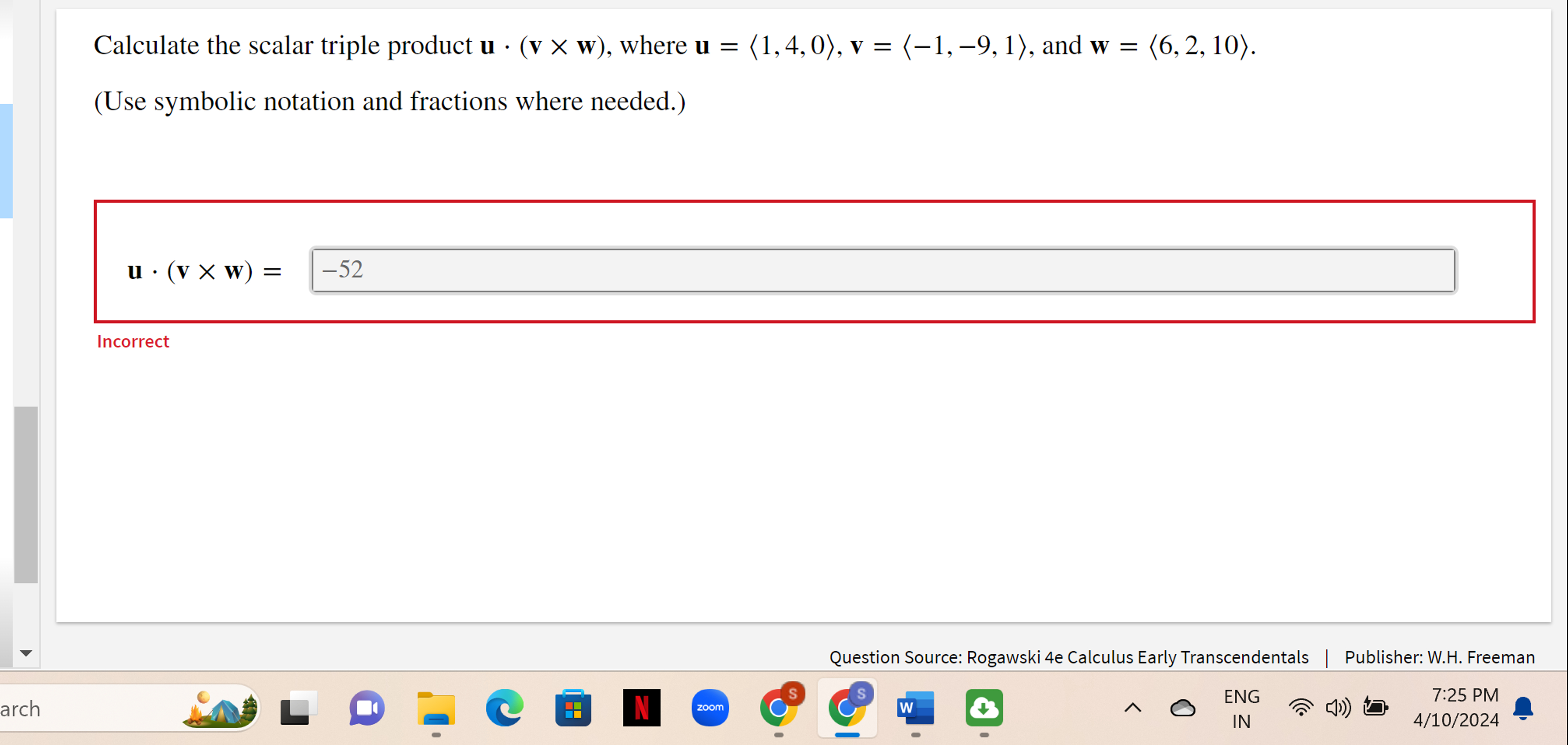 Solved Calculate the scalar triple product u*(v×w), ﻿where | Chegg.com