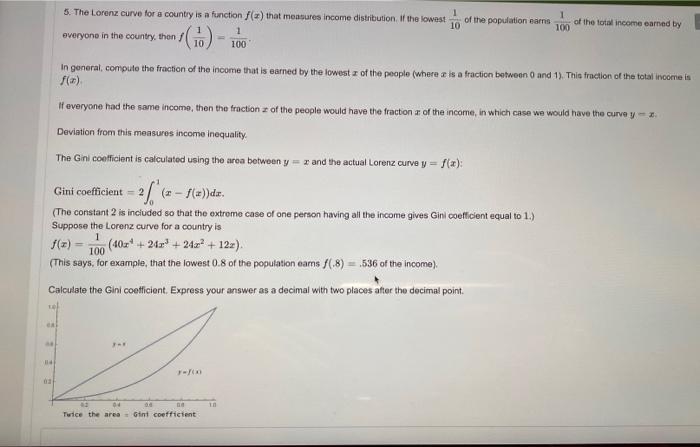 Solved 5. The Lorenz curve for a country is a function f(x) | Chegg.com