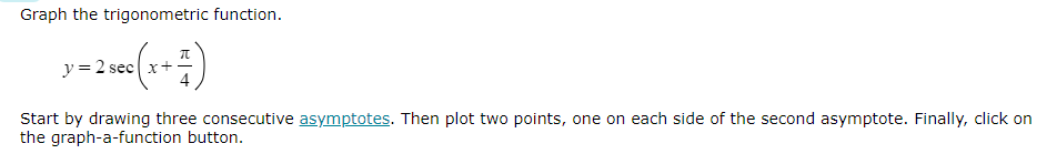 Solved Graph the trigonometric function.y=2sec(x+π4)Start by | Chegg.com