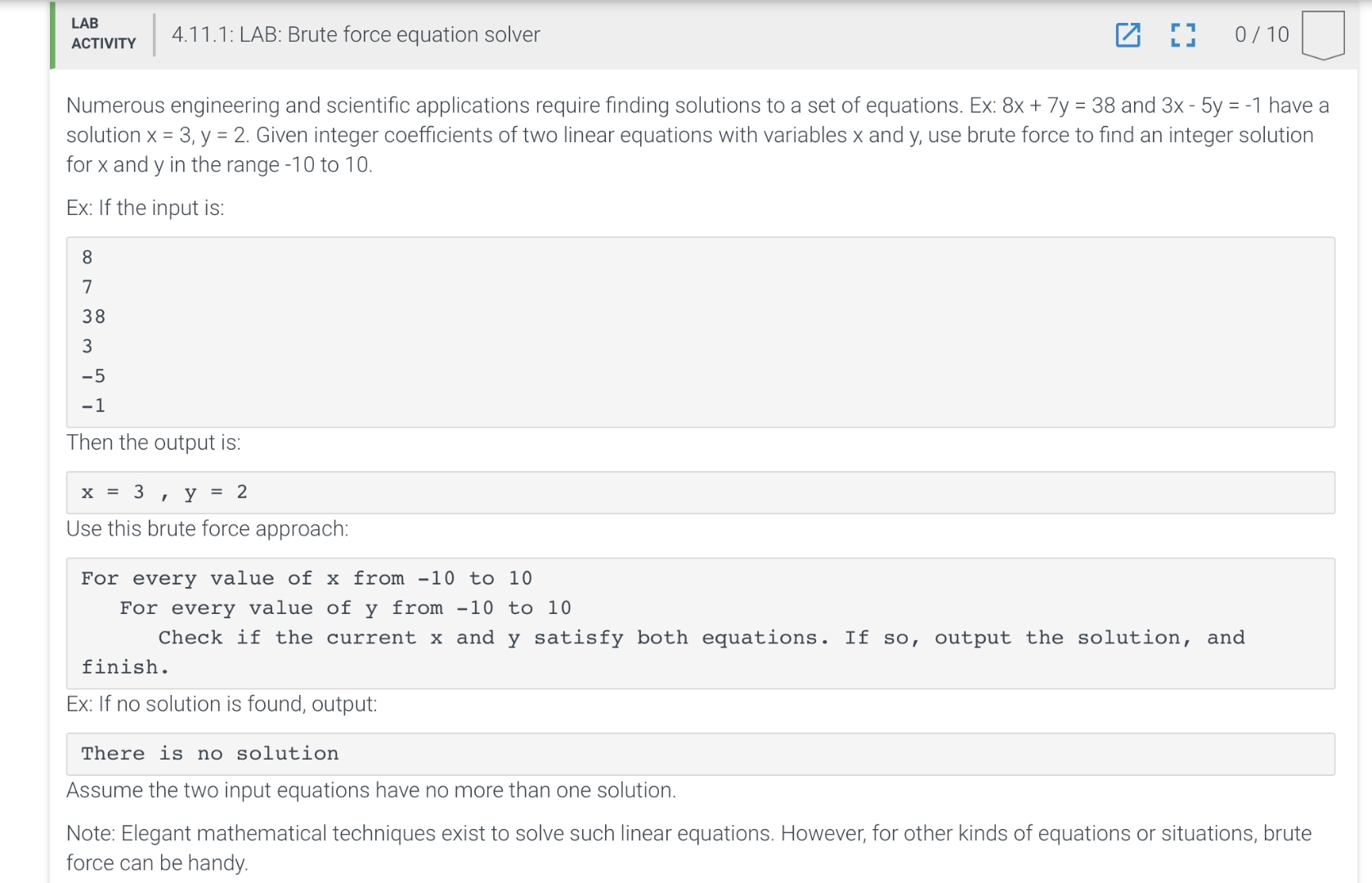 Solved LABACTIVITY4.11.1: LAB: Brute force equation solver | Chegg.com