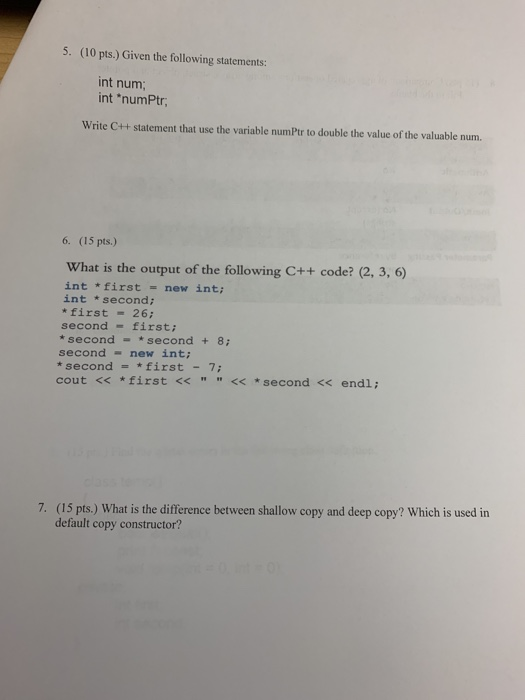 Solved 5. (10 pts.) Given the following statements: int num; | Chegg.com