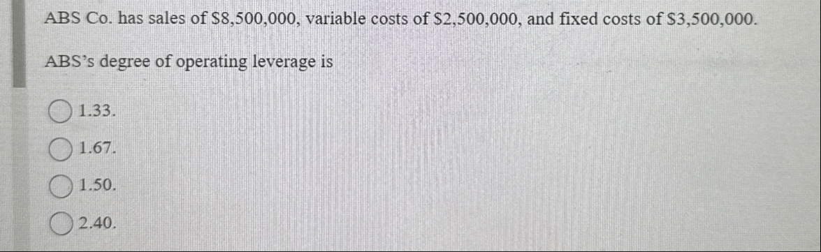 Solved ABS Co. ﻿has sales of $8,500,000, ﻿variable costs of | Chegg.com