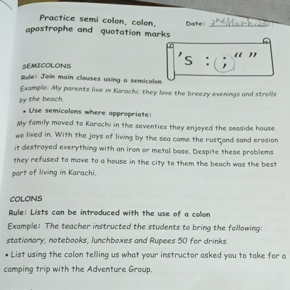 Solved Practice semi colon, colon, apostrophe and quotation | Chegg.com