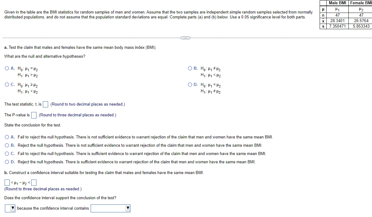 Solved Given in the table are the BMI statistics for random | Chegg.com