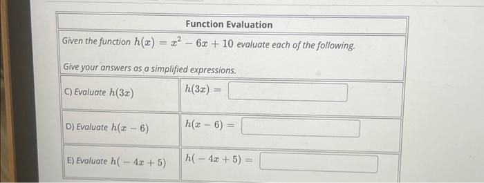 Solved Function Evaluation Given the function h(x)=x2−6x+10 | Chegg.com