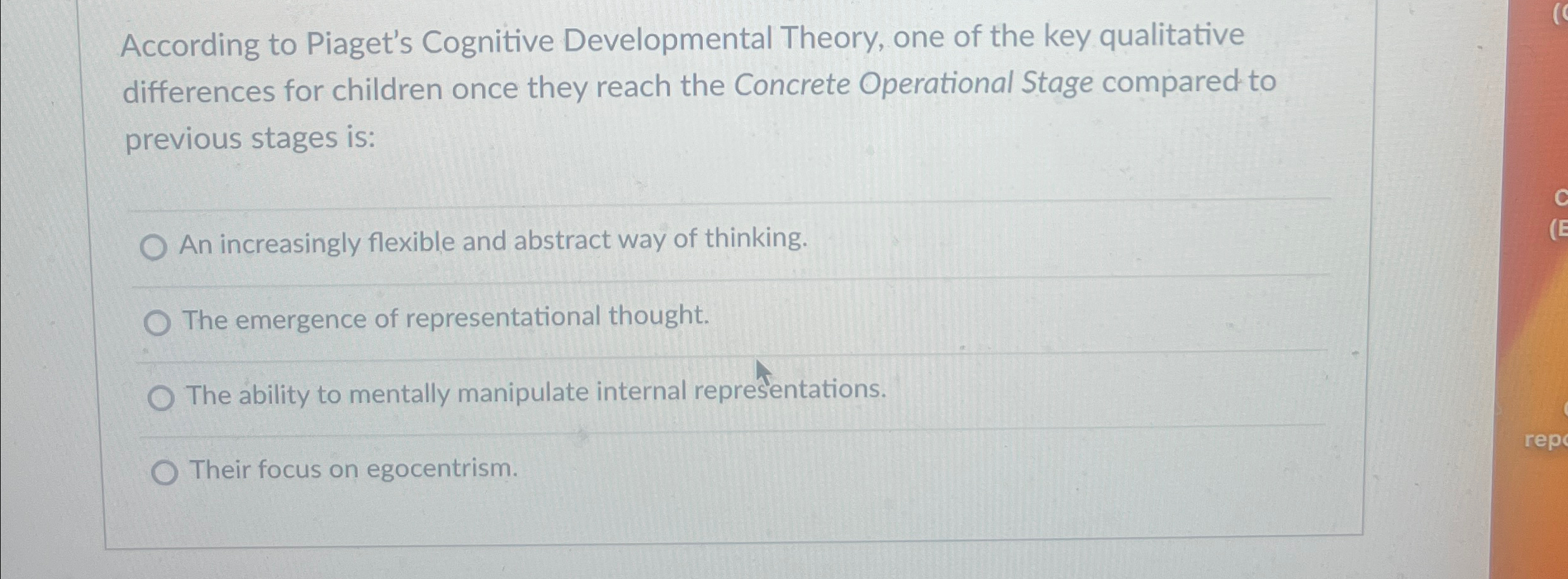 Solved According to Piaget's Cognitive Developmental Theory, | Chegg.com