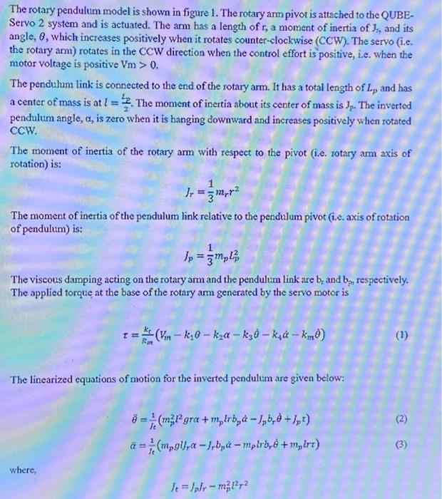 Solved The rotary pendulum model is shown in figure 1. The | Chegg.com