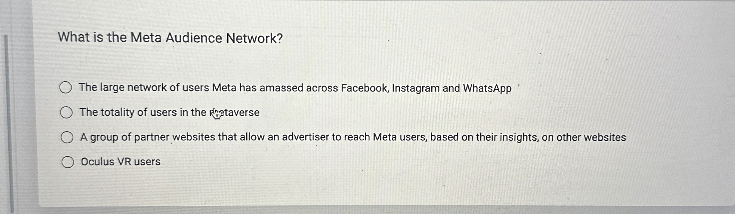Solved What is the Meta Audience Network?The large network | Chegg.com