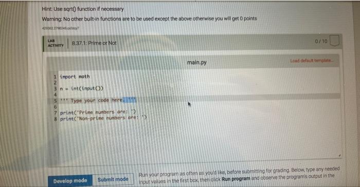Solved 8.37 Prime or Not Write a program that reads a list | Chegg.com