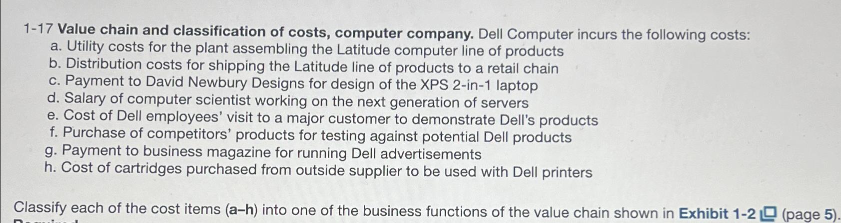 Solved 1-17 ﻿Value chain and classification of costs, | Chegg.com