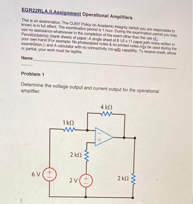 Solved EGR22RLA.II.Assignment Operational Amplifiers This is | Chegg.com