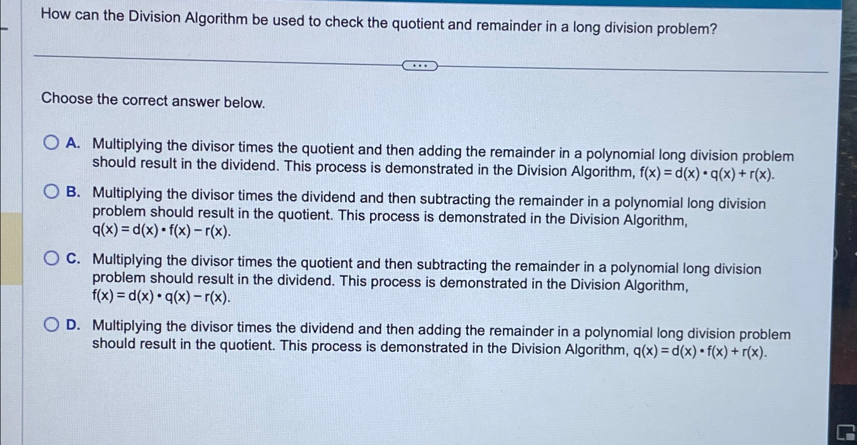 Solved How can the Division Algorithm be used to check the | Chegg.com