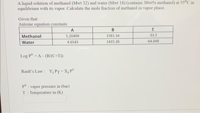 Solved A liquid solution of methanol (Mwt 32) and water (Mwt | Chegg.com