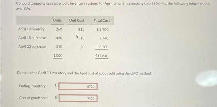 Solved concord company uses periodic inventory system. For | Chegg.com