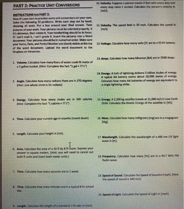 Solved PART 2: PRACTICE UNIT CONVERSIONS 10. Velocity. | Chegg.com