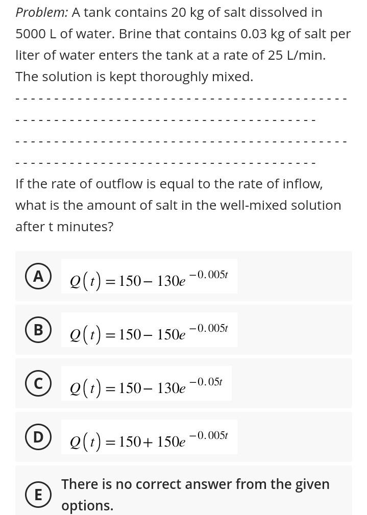 Solved Problem: A tank contains 20 kg of salt dissolved in | Chegg.com