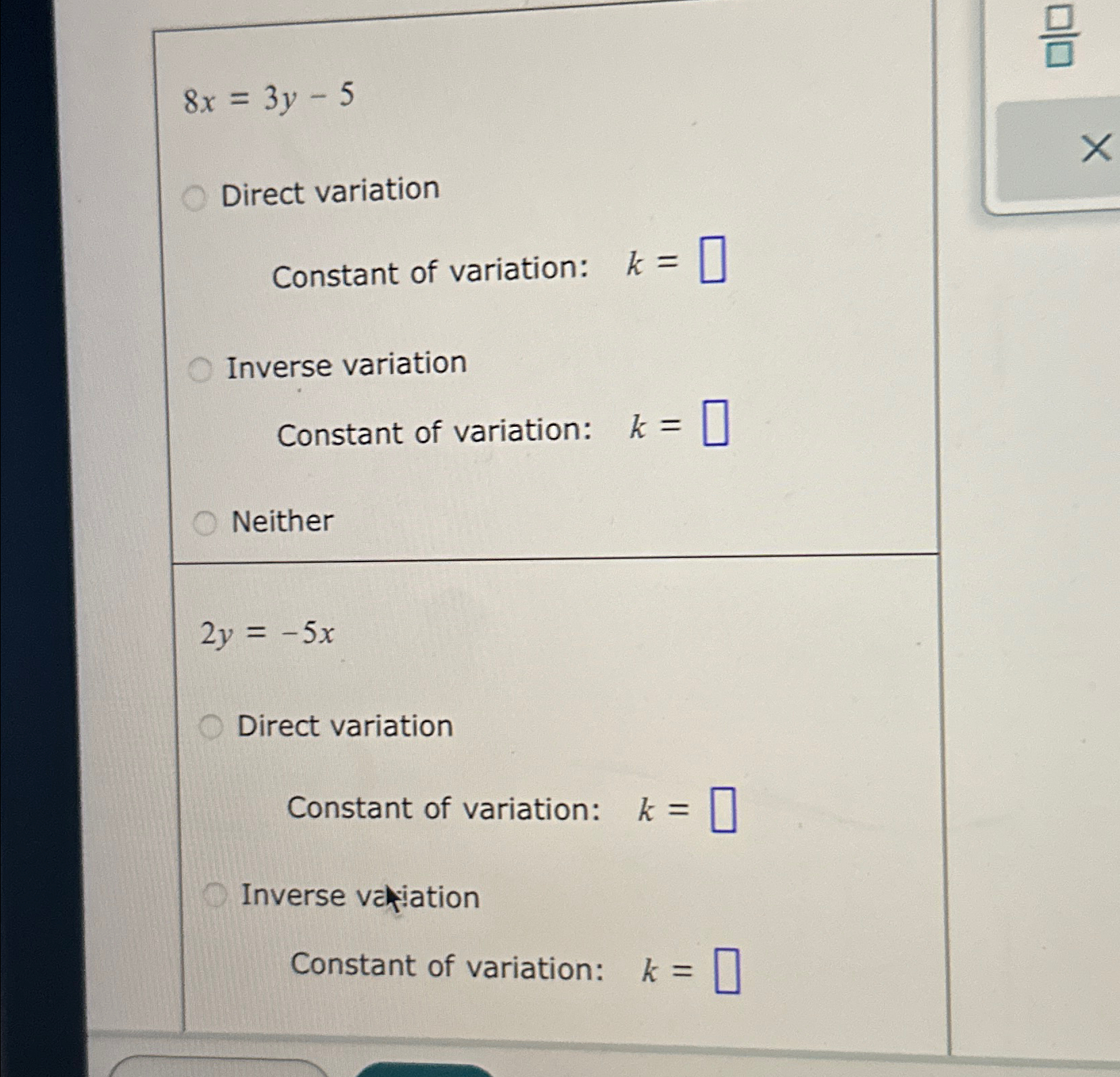 Solved 8x=3y-5Direct variationConstant of variation: | Chegg.com