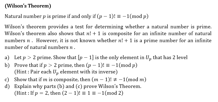 Solved (Wilson's Theorem) Natural number p is prime if and | Chegg.com