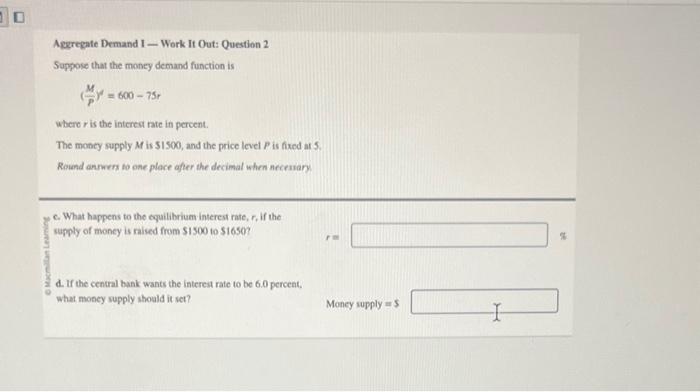 Solved Agregate Demand I - Work It Out: Question 2 Suppose | Chegg.com