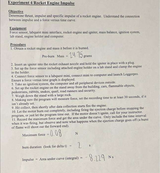 Solved Experiment 4 Rocket Engine Impulse Objective | Chegg.com