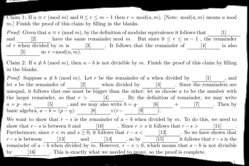 Solved ] Claim 1: If a =r (mod m) and 0 Srsm-1 then r = | Chegg.com
