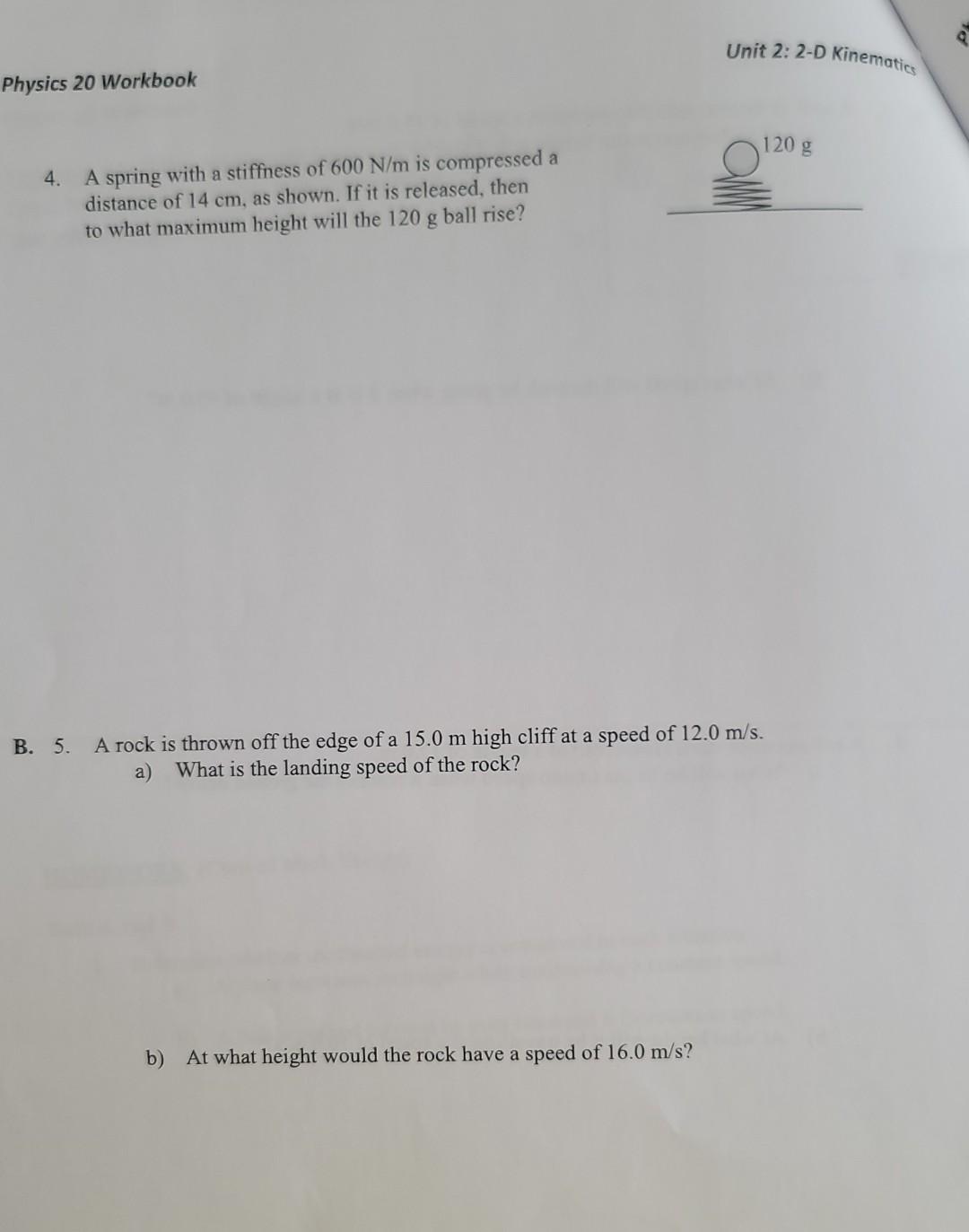 Solved Unit 2: 2-D Kinematics Physics 20 Workbook 120 g a 4. | Chegg.com