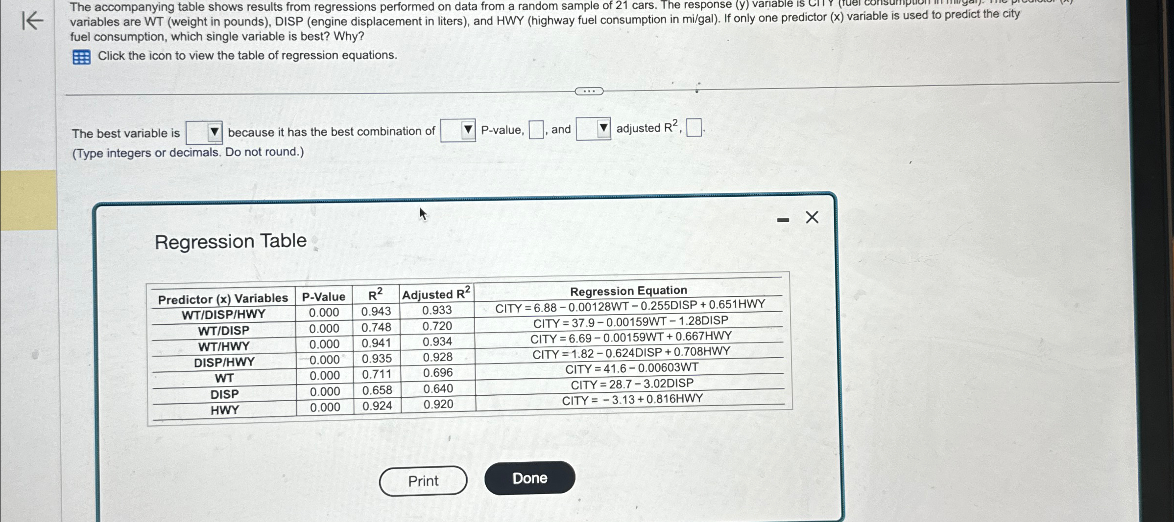 The accompanying table shows results from regressions | Chegg.com