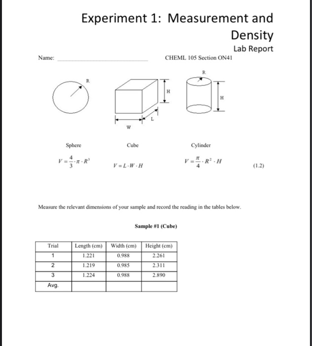 Solved Experiment 1: Measurement and Density Lab Report | Chegg.com Solved Experiment 1: Measurement and Density Lab Report | Chegg.com