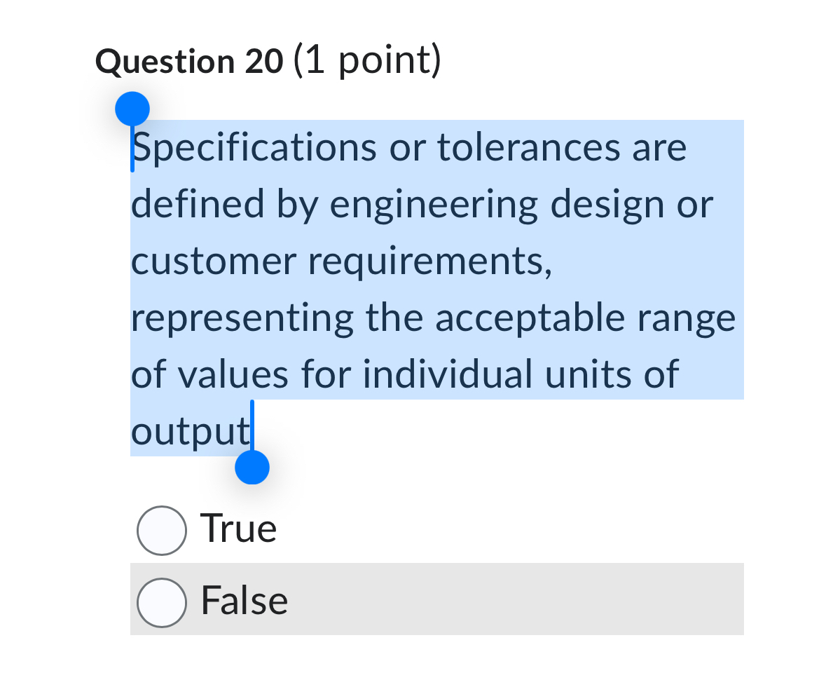 Solved Question 20 (1 ﻿point)Specifications or tolerances | Chegg.com