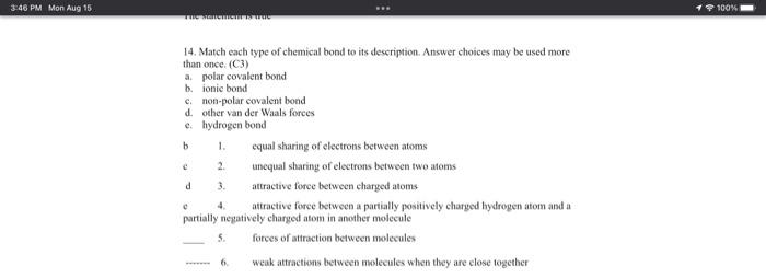 Solved 14. Match each type of chemical bond to its | Chegg.com