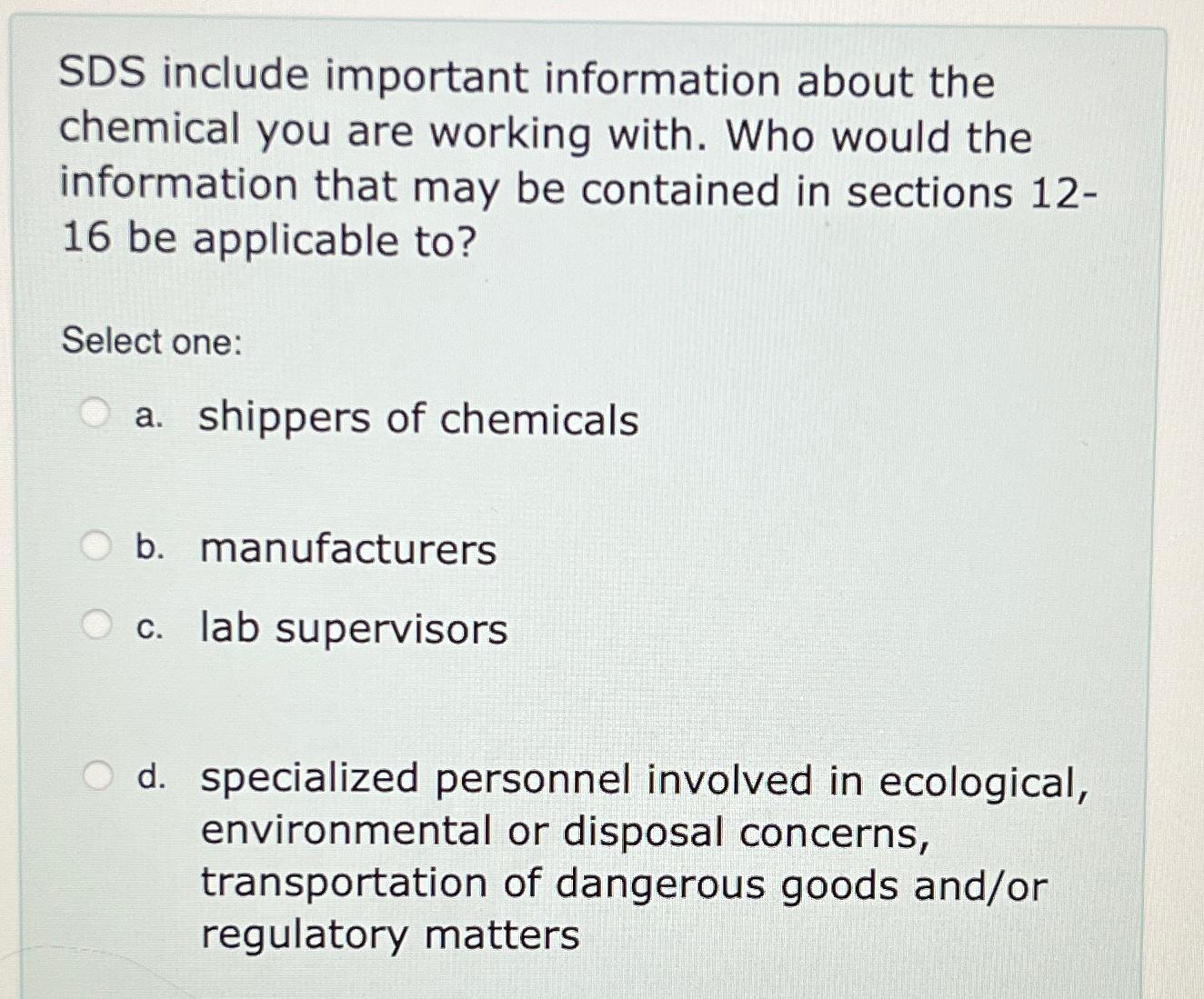 Solved SDS include important information about the chemical | Chegg.com