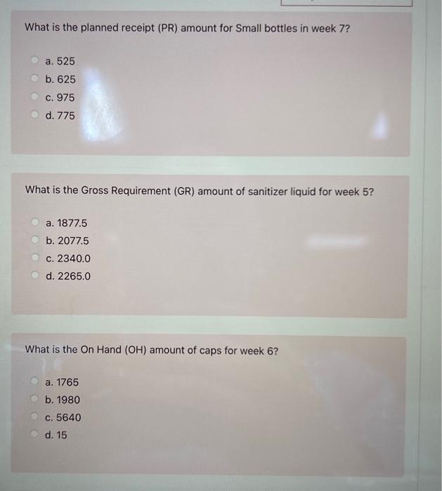 What is the planned receipt (PR) amount for Small | Chegg.com