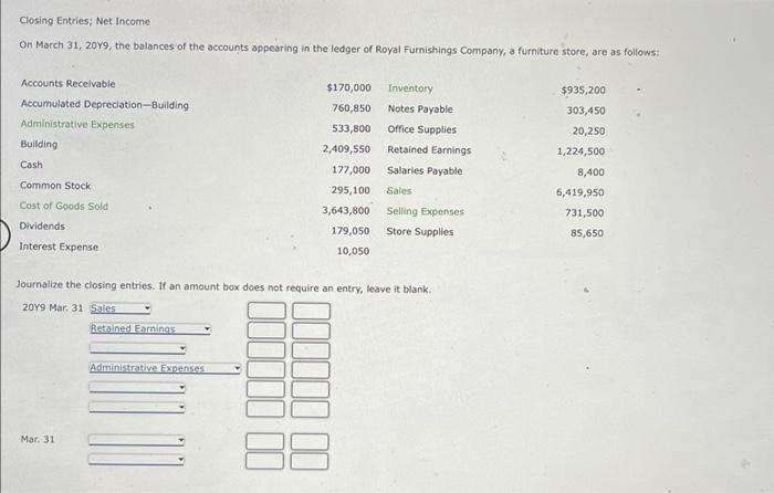 Solved Closing Entries; Net Income On March 31, 20Y9, the | Chegg.com