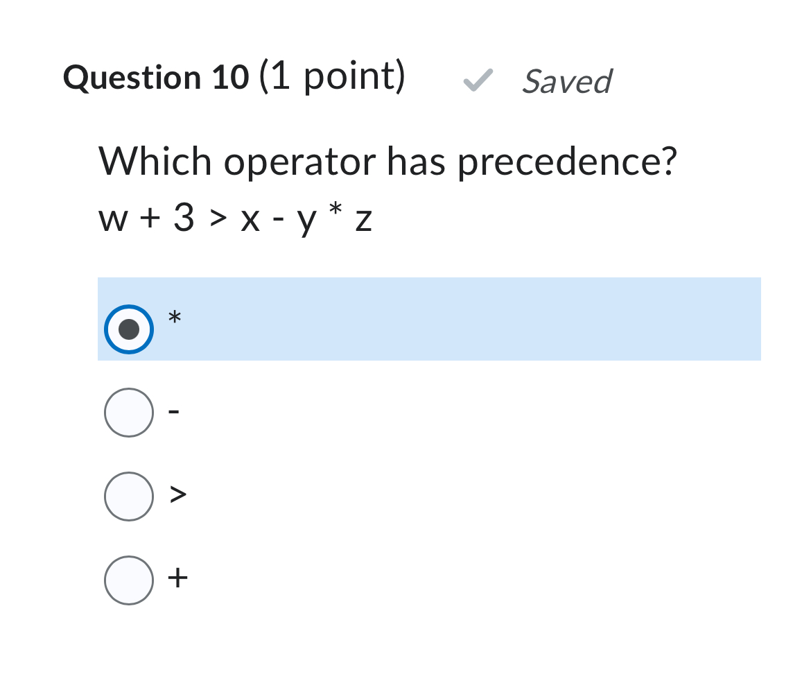 Solved Question 10 (1 ﻿point)Which operator has | Chegg.com