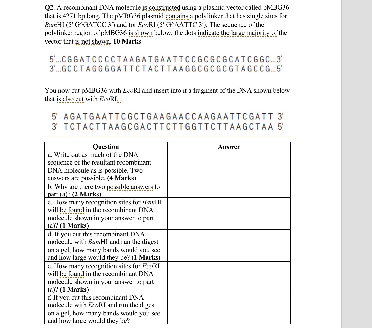 Solved Q2. ﻿A recombinant DNA molecule is constructed using | Chegg.com