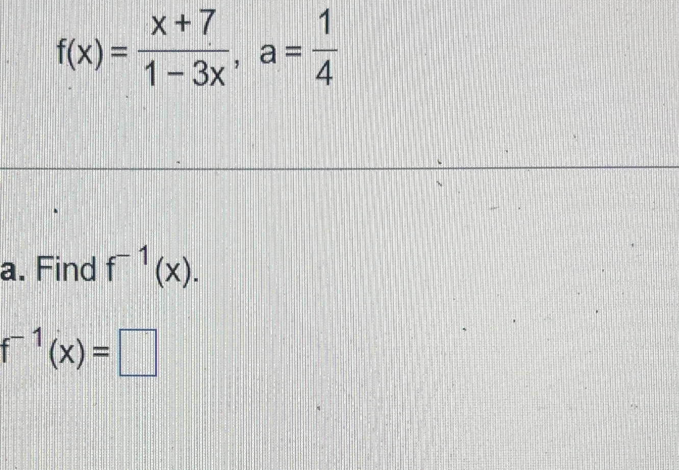 Solved f(x)=x+71-3x,a=14a. ﻿Find f-1(x).f-1(x)= | Chegg.com