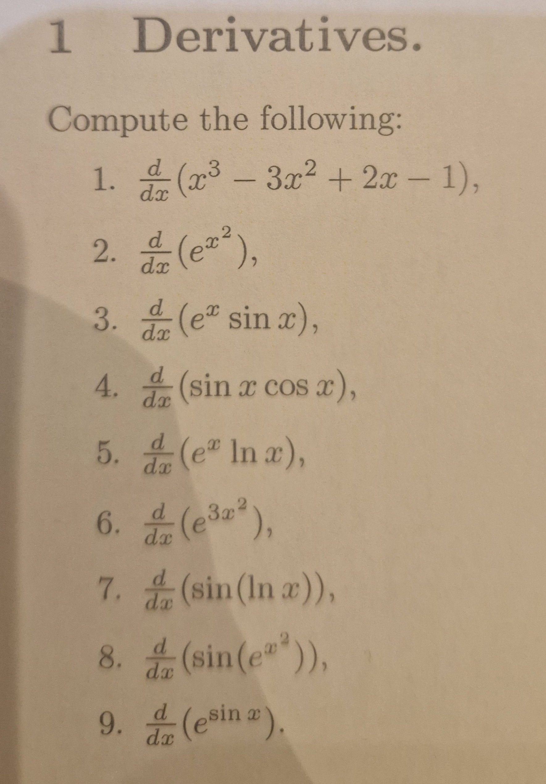 Solved 1 ﻿Derivatives.Compute the | Chegg.com