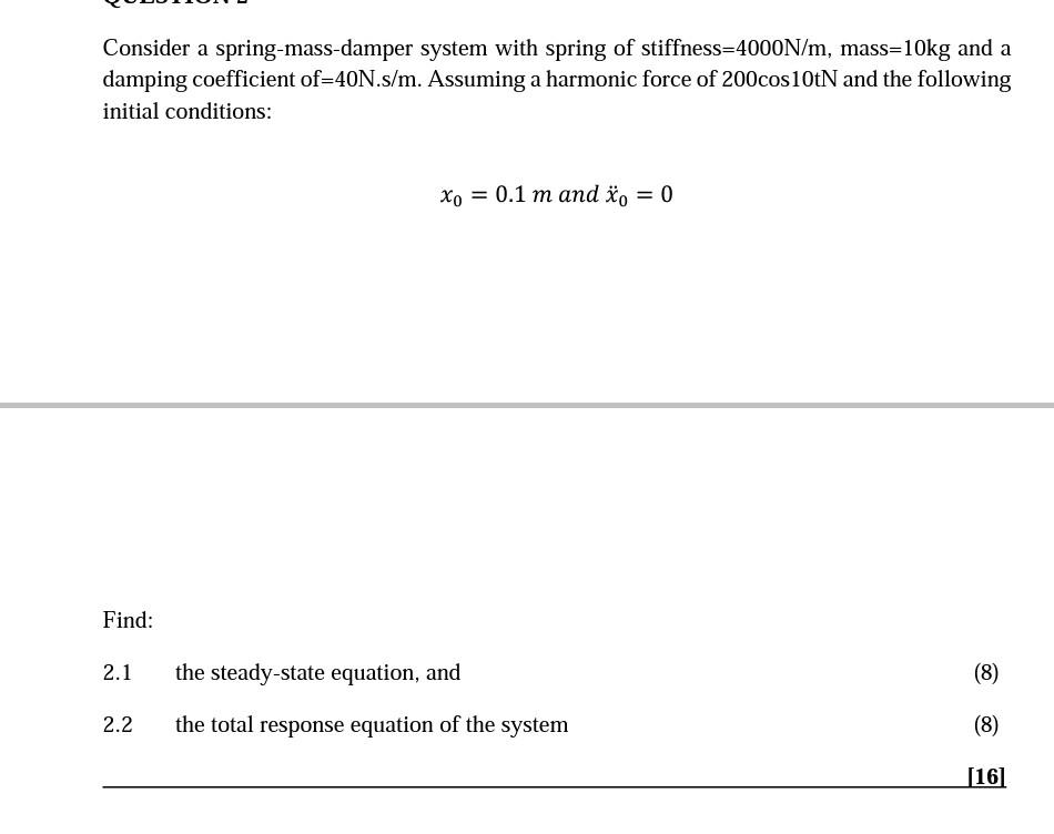 Solved Consider a spring-mass-damper system with spring of | Chegg.com