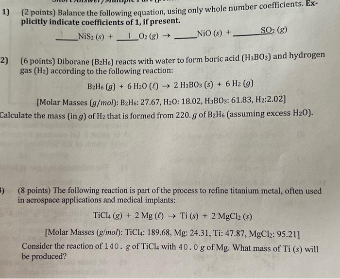 Solved 1) (2 points) Balance the following equation, using | Chegg.com