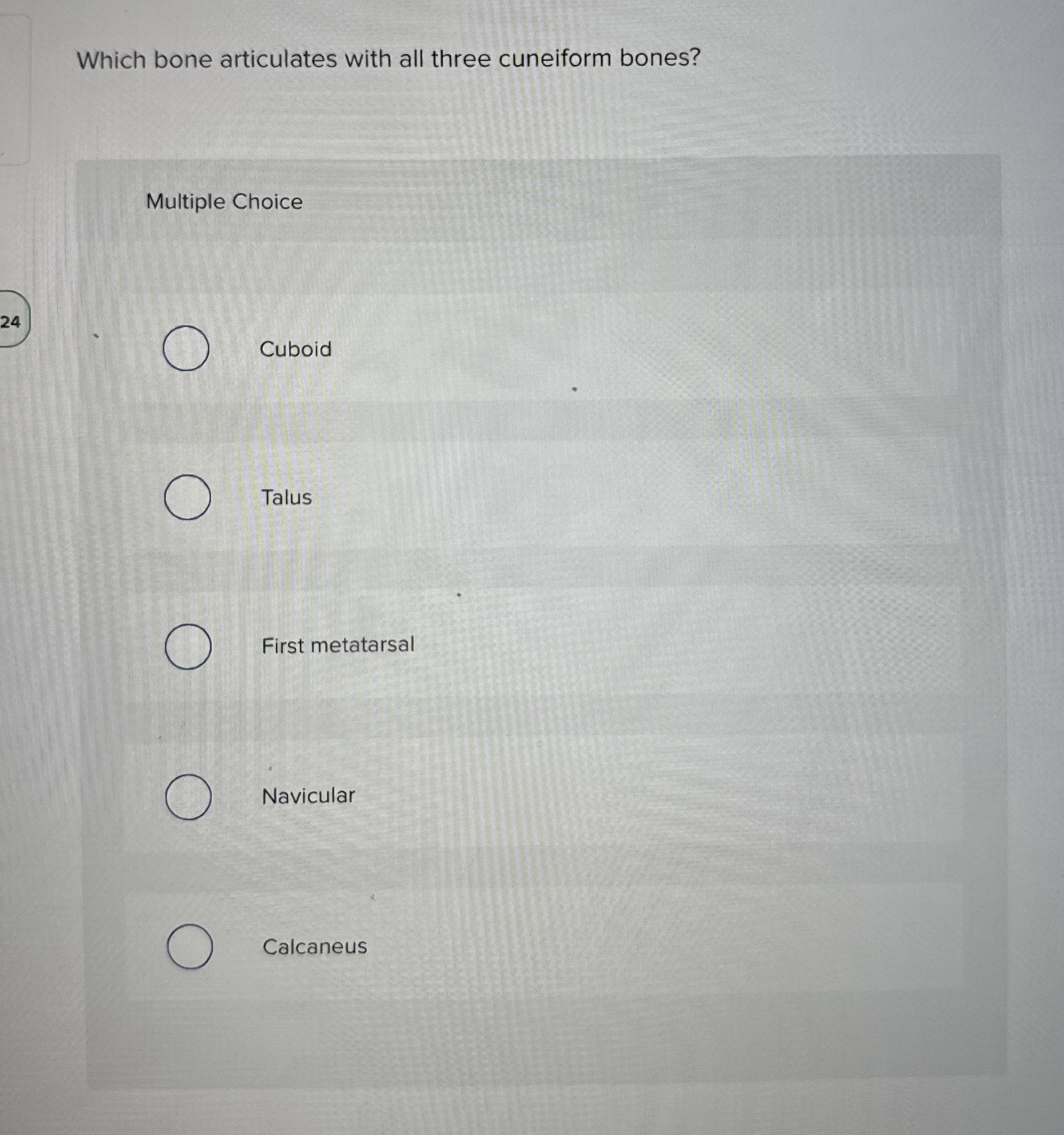 Solved Which bone articulates with all three cuneiform | Chegg.com