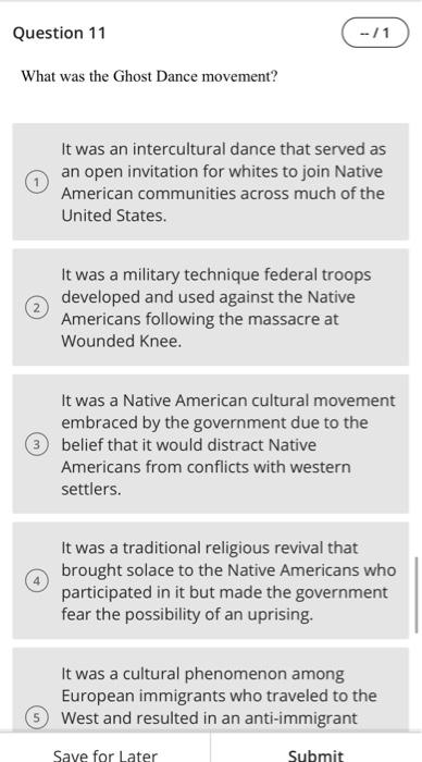 Solved Question 11 --/1 What was the Ghost Dance movement? | Chegg.com