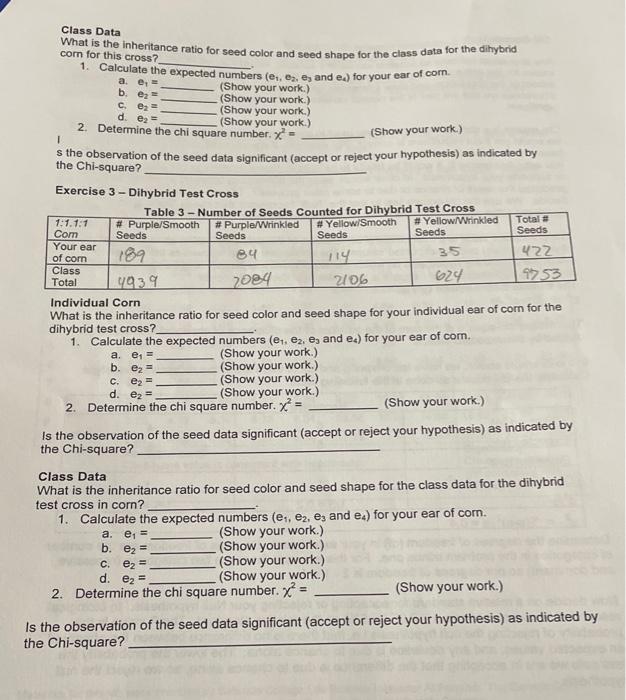 Class Data What is the inheritance ratio for seed | Chegg.com