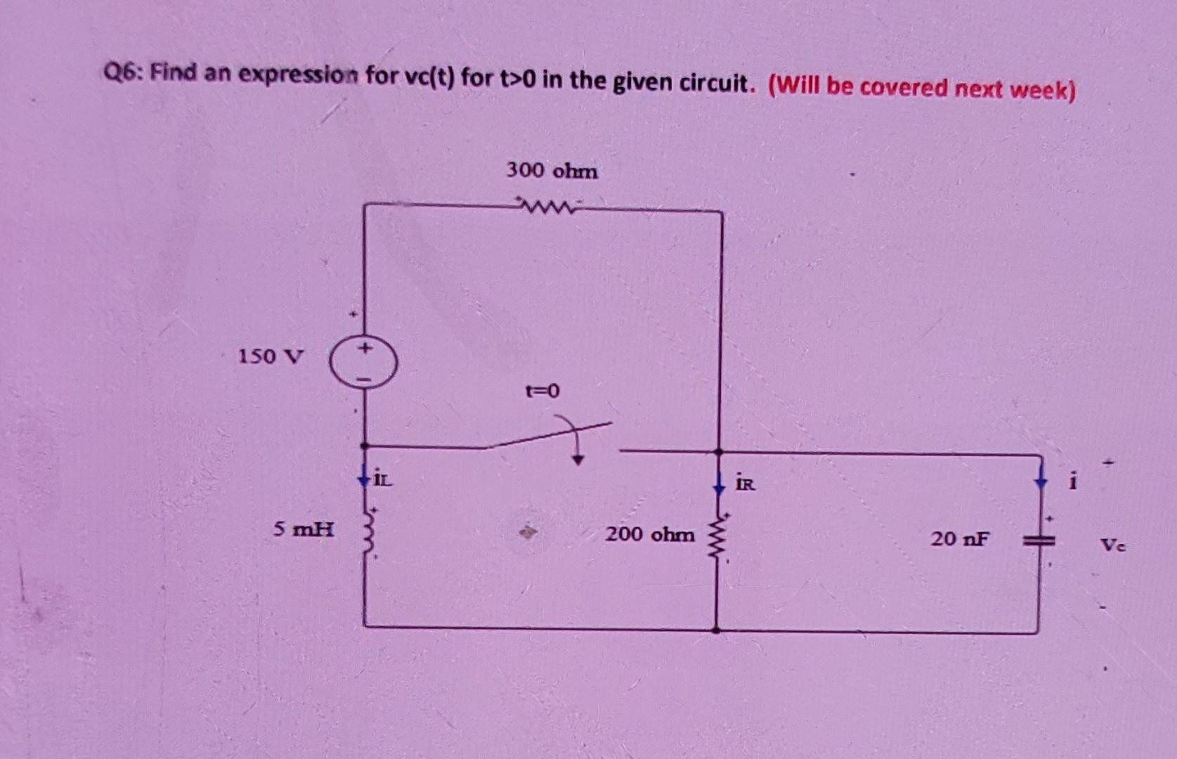 Solved Q6: Find an expression for vc(t) for t>0 in the given | Chegg.com