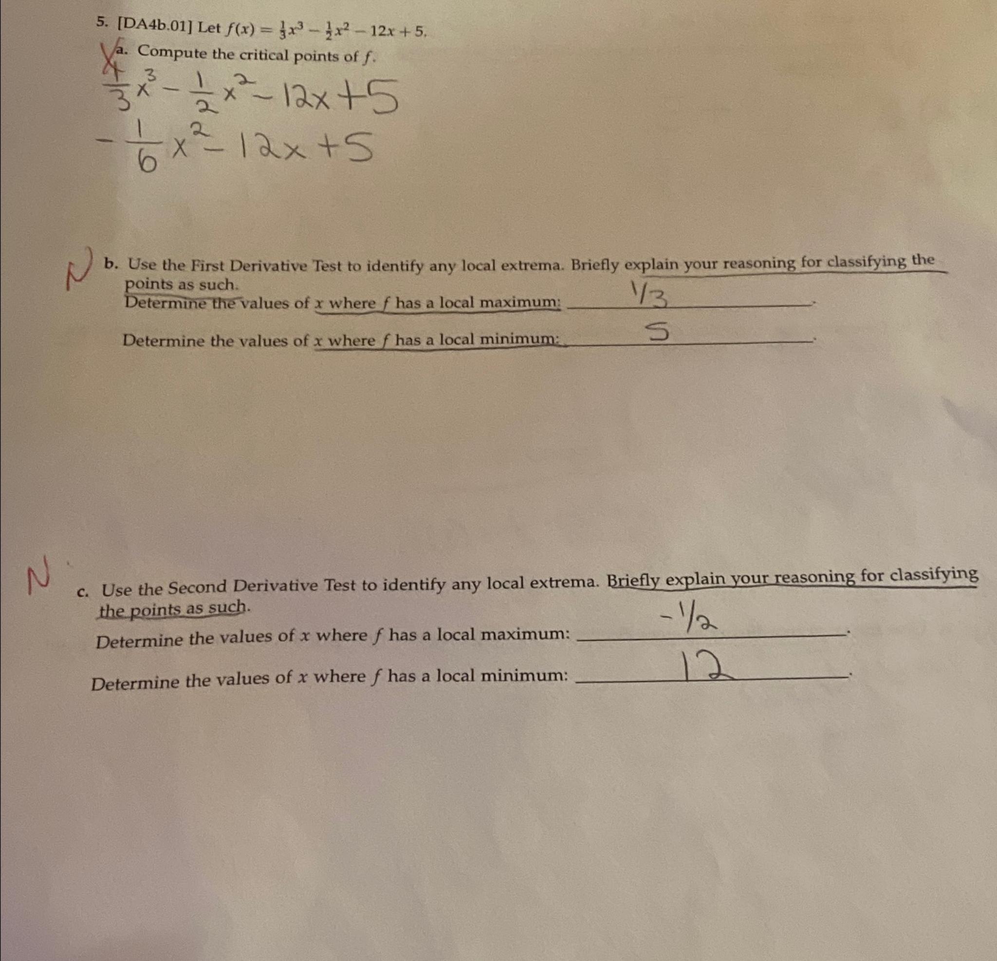 Solved [DA4b.01] ﻿Let f(x)=13x3-12x2-12x+5. ﻿1. ﻿Compute the | Chegg.com
