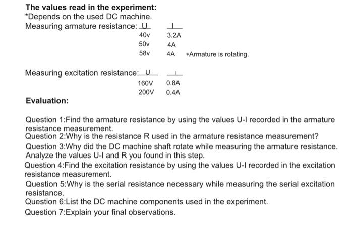 Solved The values read in the experiment: *Depends on the | Chegg.com