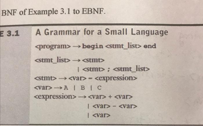 Solved BNF of Example 3.1 to EBNF. | Chegg.com